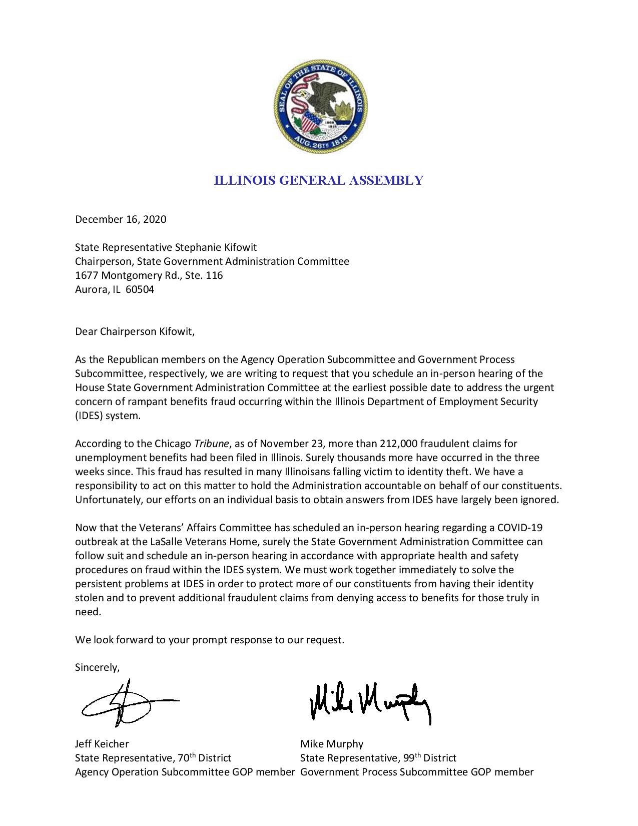 » Rep. Keicher, Rep. Murphy call for hearing on rampant fraud plaguing IDES